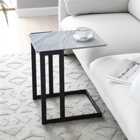C shape Side Table White Marble Top C-Table with Black Metal Leg