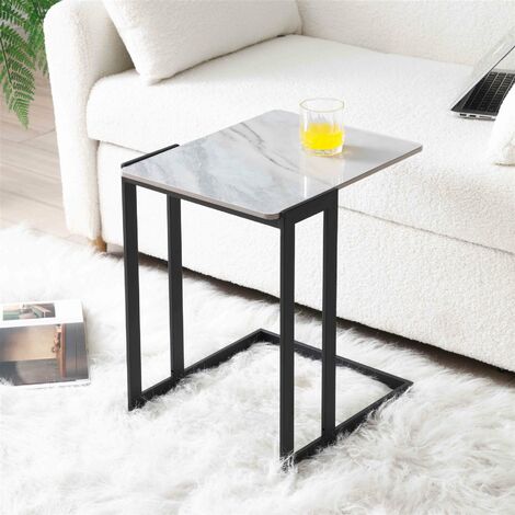C shape Side Table White Marble Top C-Table with Black Metal Leg