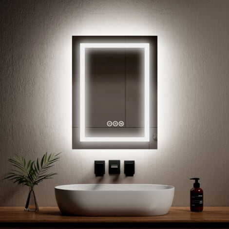 EMKE Bathroom Mirror with 3 Colours LED Lights 450x600mm Illuminated Bathroom Mirror with Dual Lights Dimmable Wall Lighted Vanity Mirror with Anti Fog Touch Switch