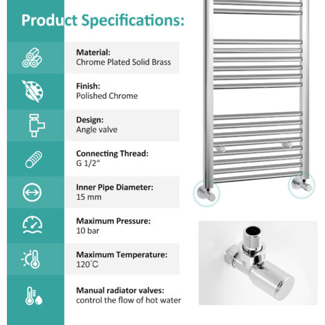 EMKE Chrome Radiator Valves Round 15mm Pair Radiator Angled for Towel ...