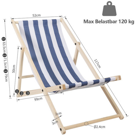 TolleTour Chaise longue pliante en bois Chaise de plage 3 positions Chilienne transat jardin ...