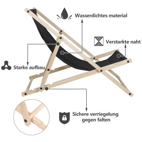 TolleTour Chaise longue pliante en bois Chaise de plage 3 positions Chilienne transat jardin ...