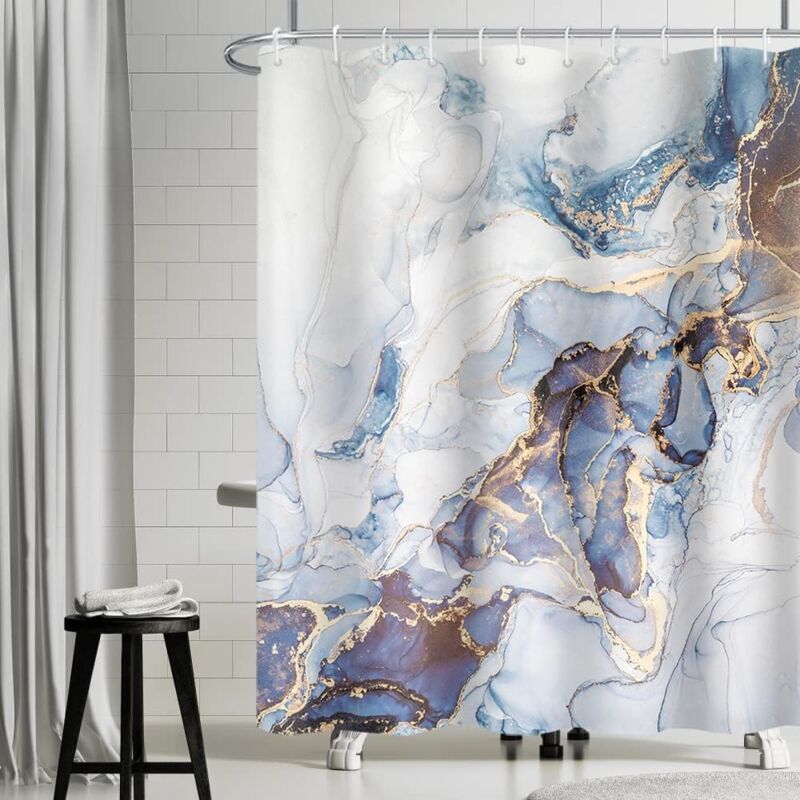 Blue Marble Shower Curtain Abstract Grey and Gold Shower Curtain Washable Bath Curtain Bathroom Curtain 180Wx180Hcm