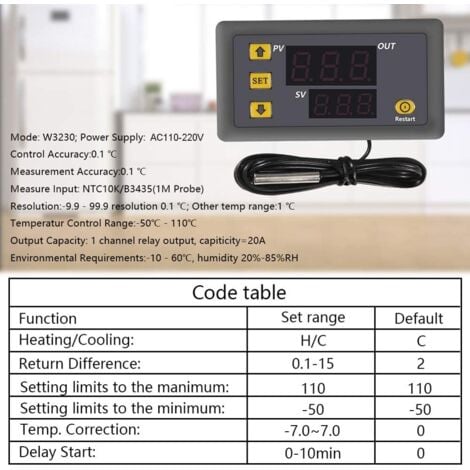 1 Piece W3230 AC 110V-220V Digital Temperature Controller, 20A Digital Display Thermostat ...