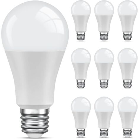 Pack of 10 E27 LED Bulbs Warm White, 6500K Standard Bulb, 9W Equivalent ...
