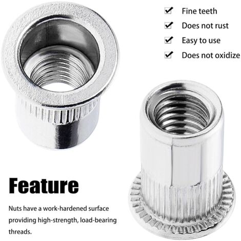 100pcs M6 Flat Head Threaded Rivet Nut, Stainless Steel Threaded Rivet ...