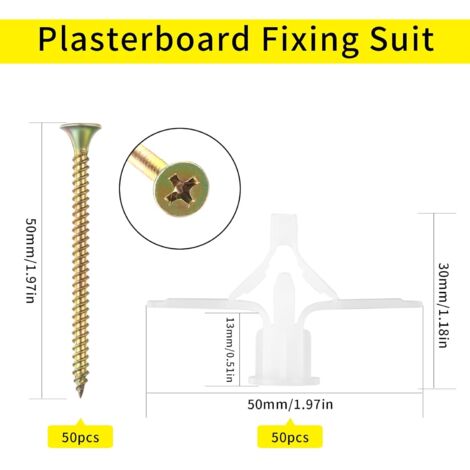 100 Pieces Plasterboard Fixings (50 Plugs, 50 Screws), Plasterboard ...