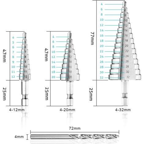 Step Drill Bit, HSS Metal Countersink Drill Bit 4PCS 4-12/20/32mm Step ...