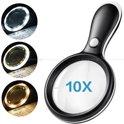 Illuminated Magnifying Glass, 10X Reading Magnifying Glass with 3 Light ...
