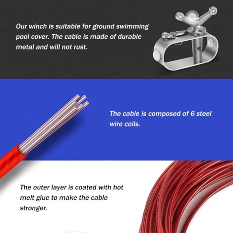 Pool Cover Tightening Rope, Pool Cover Cable and Winch Kit, 130ft Red ...
