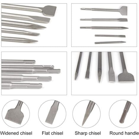 SDS Chisel Set of 5 Chisels with 2 Pointed Chisels and 3 Flat Chisels ...