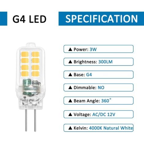 Ampoule LED G4 12V 3W, Non Dimmable, 16 SMD 300LM Blanc Neutre 4000K, Équivalent 25W G4 Ampoule ...