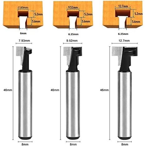 8mm Fraise en Rainure en T, Routeur à Rainure en T Forme Routeur Bits, 3Pcs (7.93/9.52/12.7mm ...