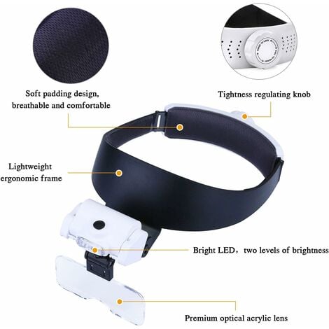 Loupe pour tête, Loupe Serre Tête à LED Loupe Loupe Mains Libres 1.0X 3.5X 5X pour La Réparation ...