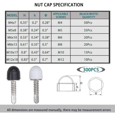 CSPARKV 300 Pièces Cache Ecrou, M4 M5 M6 M8 M10 M12 Cache Boulon Noir ...