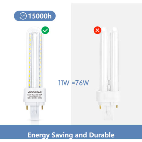 Aigostar - Pack de 5 Bombillas LED PLC 2U, tubo de 11 W Maiz G24 2 ...