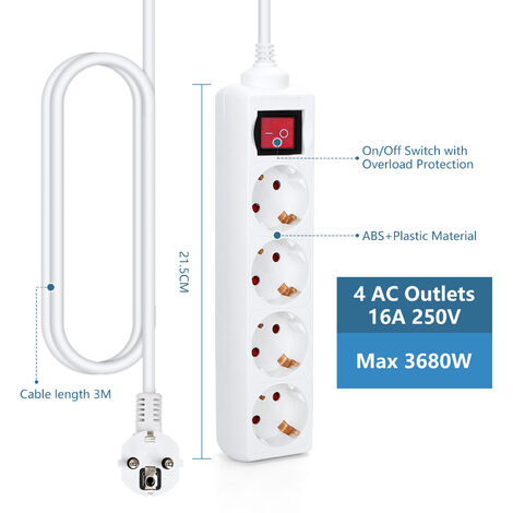 Aigostar Regleta alargador de 4 enchufes con cable de 3 metros e ...