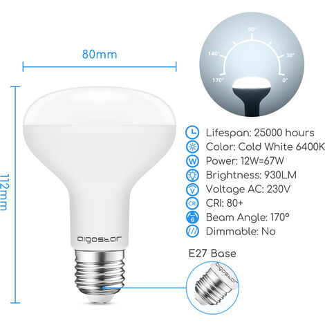 Aigostar - Pack de 5 Bombilla LED E27 12W R80,luz blanca 6500K, 1170 lúmenes, Ángulo 170°, No ...