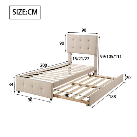 Lit gigogne 90x200cm+90x190cm, Lit capitonné d'enfant, lit extensible ...