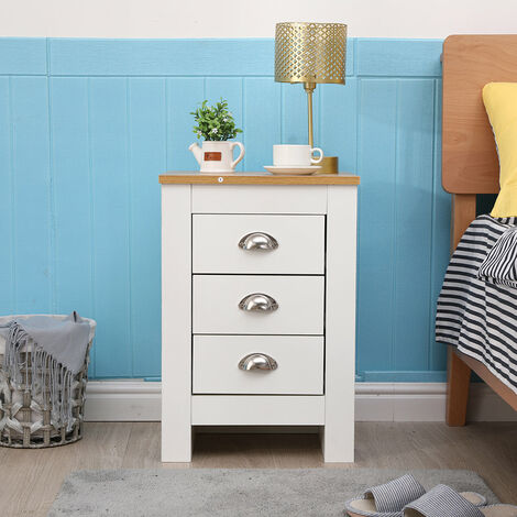 FURNITURE HMD White 3 Drawers Bedside Table Nightstand