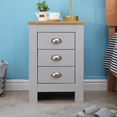 FURNITURE HMD Grey 3 Drawers Bedside Table Nightstand