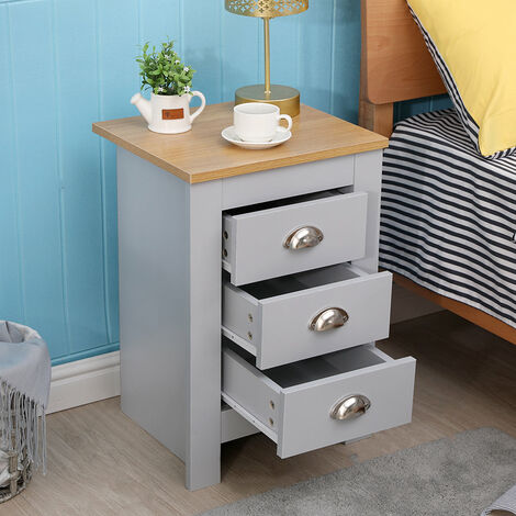 FURNITURE HMD Grey 3 Drawers Bedside Table Nightstand