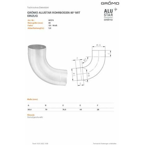 GRÖMO ALUSTAR Rohrbogen Weiß 85° ø80, SX (glatt), 82574