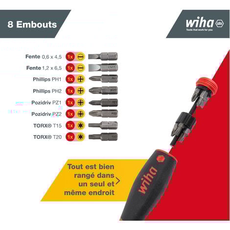 Wiha Tournevis avec magasin d'embouts PocketMax® magnétique Composition avec 8 embouts 1/4" (45292)