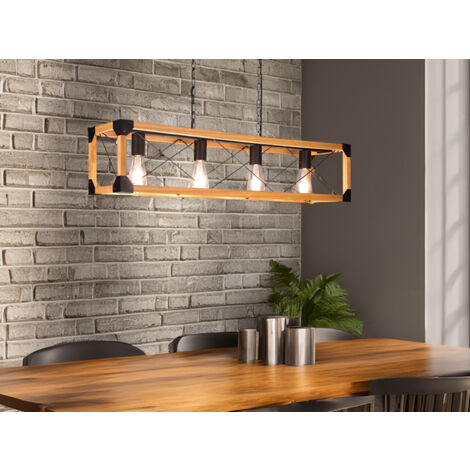 LED Balken Pendelleuchte 4 flammig Schwarz mit Holzbalken, Breite 100cm