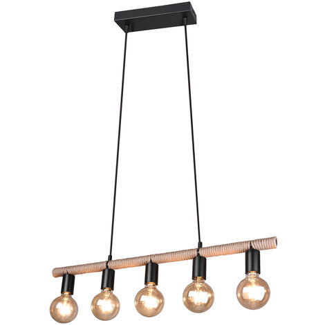 Ausgefallene LED Pendelleuchte 5 flammig Balken mit Sisal Seil, Breite 80cm