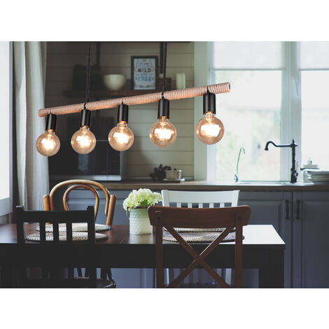 Ausgefallene LED Pendelleuchte 5 flammig Balken mit Sisal Seil, Breite 80cm