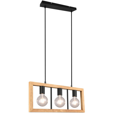 LED Balken Pendelleuchte 3 flammig Schwarz mit Holzbalken, Breite 60cm