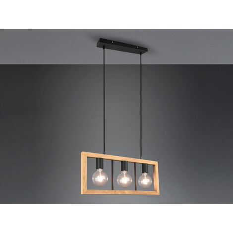 LED Balken Pendelleuchte 3 flammig Schwarz mit Holzbalken, Breite 60cm