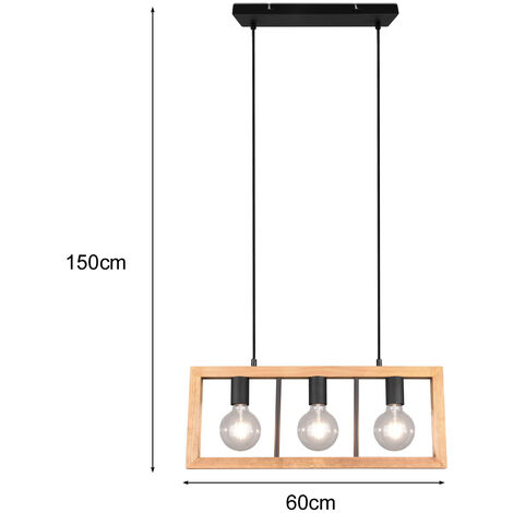 LED Balken Pendelleuchte 3 flammig Schwarz mit Holzbalken, Breite 60cm