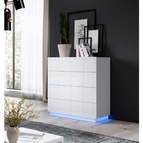 FURNIX Kommode RESIE 4SZ Sideboard mit LED zwei Arten von Füßen Weiß Glanz