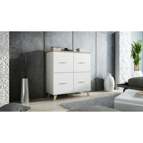 FURNIX Kommode LEYRA 110 4D Highboard mit 4 Flügeltüren Holzfüße Weiß ...
