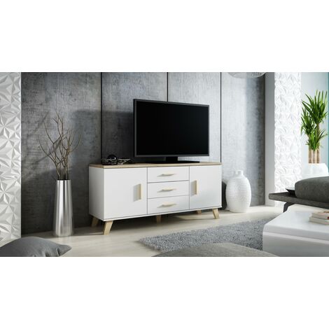 FURNIX Kommode 150 2D3S Sideboard mit Schubladen und Türen Weiß/Sonoma
