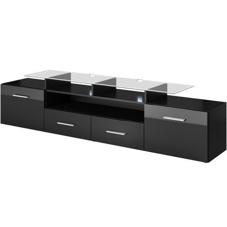 FURNIX Lowboard EVRIA TV-Schrank mit Glasablage Schwarz/Schwarz Glanz