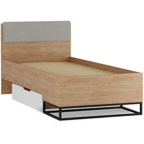 FURNIX Bettrahmen 90x200 LENDRI Einzelbett mit Schublade Hickory/Weiß