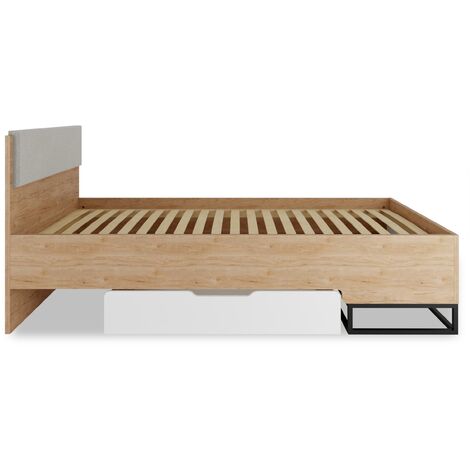 FURNIX Bettrahmen 90x200 LENDRI Einzelbett mit Schublade Hickory/Weiß