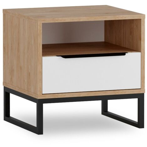 FURNIX Nachttisch LENDRI SNOC Nachtkonsole mit Metallgestell Hickory/Weiß