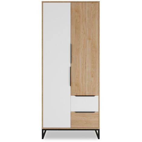 FURNIX Kleiderschrank LENDRI SZ2D2SZ Schrank mit Metallgestell Hickory/Weiß