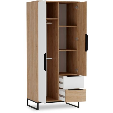 FURNIX Kleiderschrank LENDRI SZ2D2SZ Schrank mit Metallgestell Hickory/Weiß