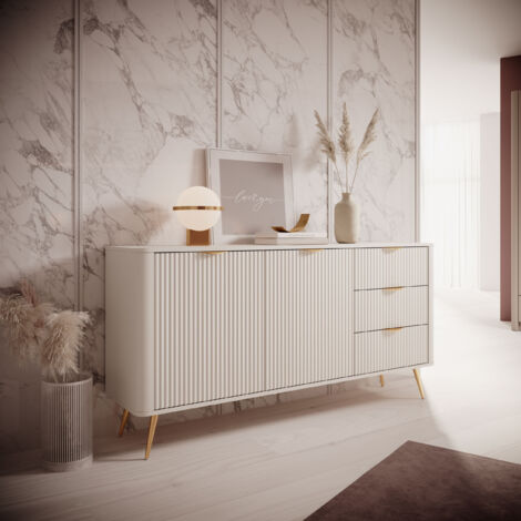 FURNIX Kommode Briane 163 Design Sideboard mit Schubladen und Türen Beige