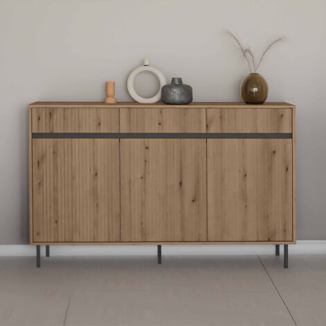 FURNIX Kommode Kersi 833 Sideboard mit drei Türen und Schubladen Braun