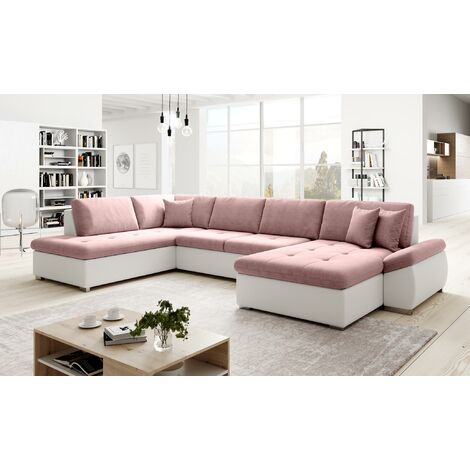 FURNIX U-Sofa MADIE U Polstercouch mit Schlafunktion MA120-SO15 Weiß-Rosa