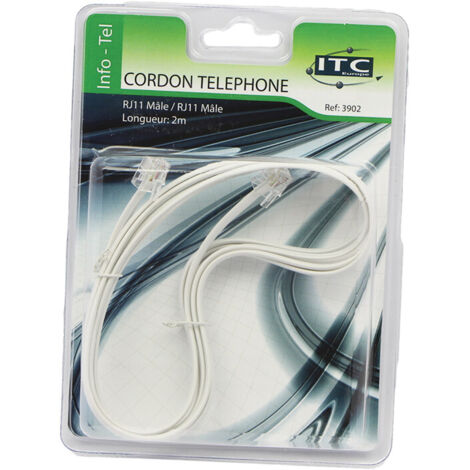 cordon rj11 - mâle / mâle - 6 plots / 4 connexions - 2 mètres - erard 3902