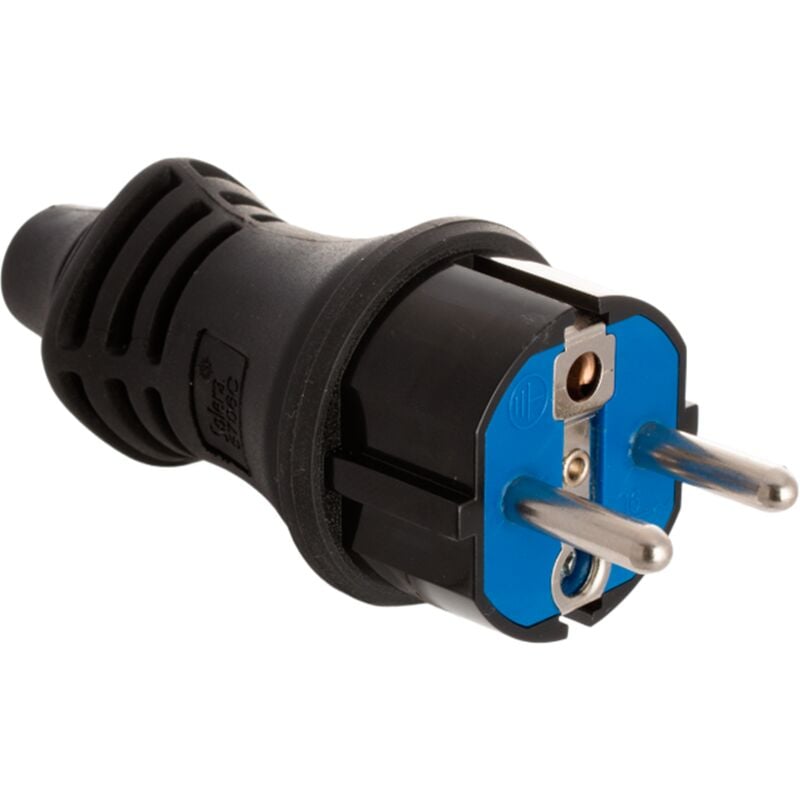 Clavija 2P+T 16A 250V con doble sistema a tierra, sujetacables abatible IP44 material caucho ...