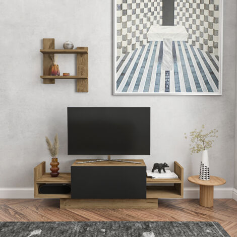 Decorotika Bahar 120 cm Modern TV Stand with Included Floating Wall Shelf Dropdown Cabinet and Open Shelves Oud and Black