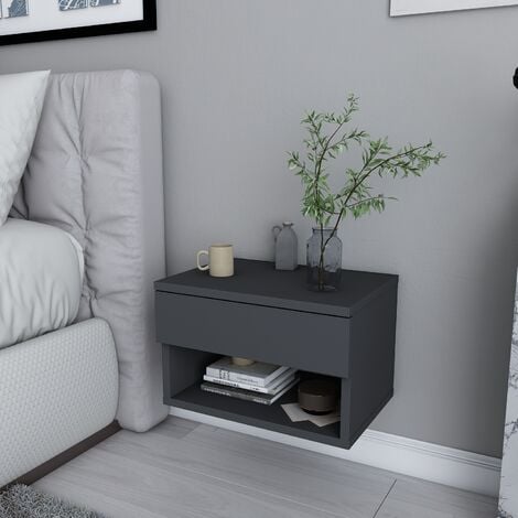 Decorotika Jamot Floating Nightstand Bedside Table Wall Mounted Drawer and Shelf Anthracite